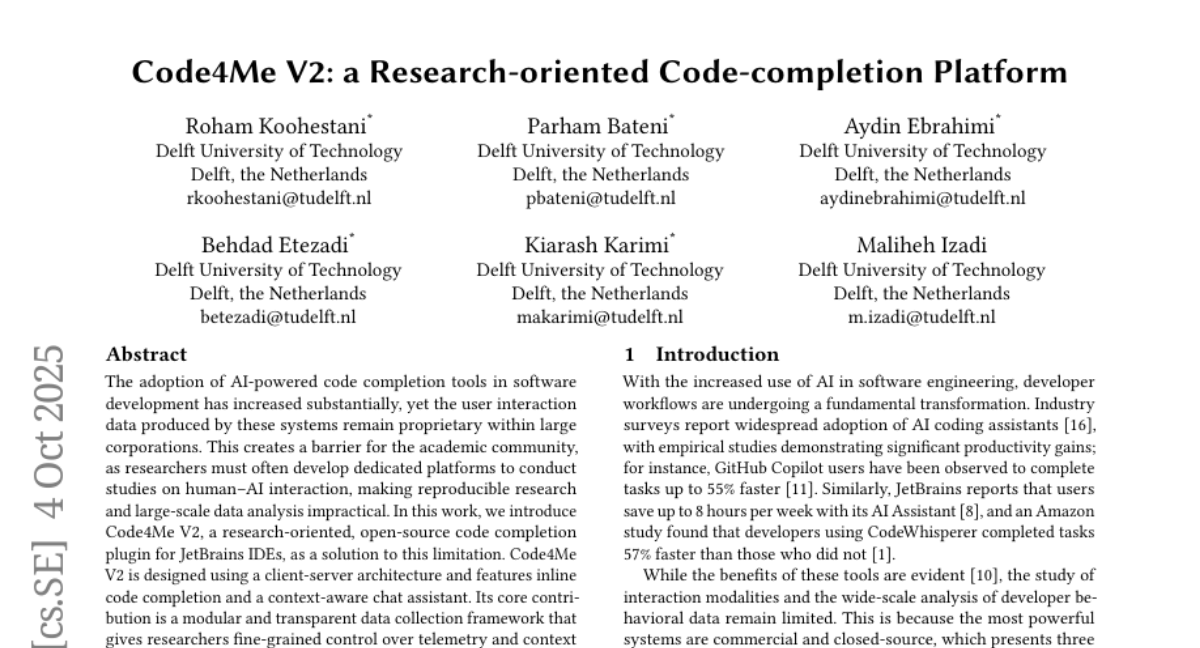荷兰代尔夫特工大团队开发Code4Me V2：让AI编程助手研究不再是"黑盒子"