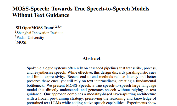 突破传统语音对话限制：OpenMOSS团队推出真正的"语音到语音"AI模型MOSS-Speech