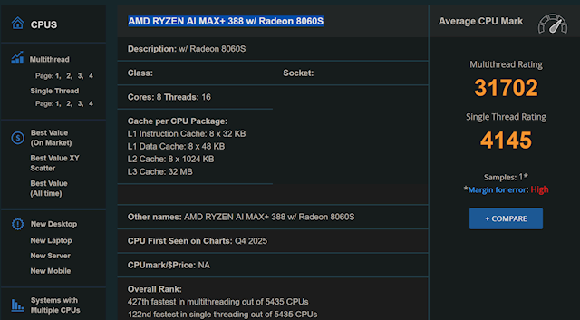 售价更亲民！AMD锐龙AI Max+ 388现身：旗舰同款Radeon 8060S