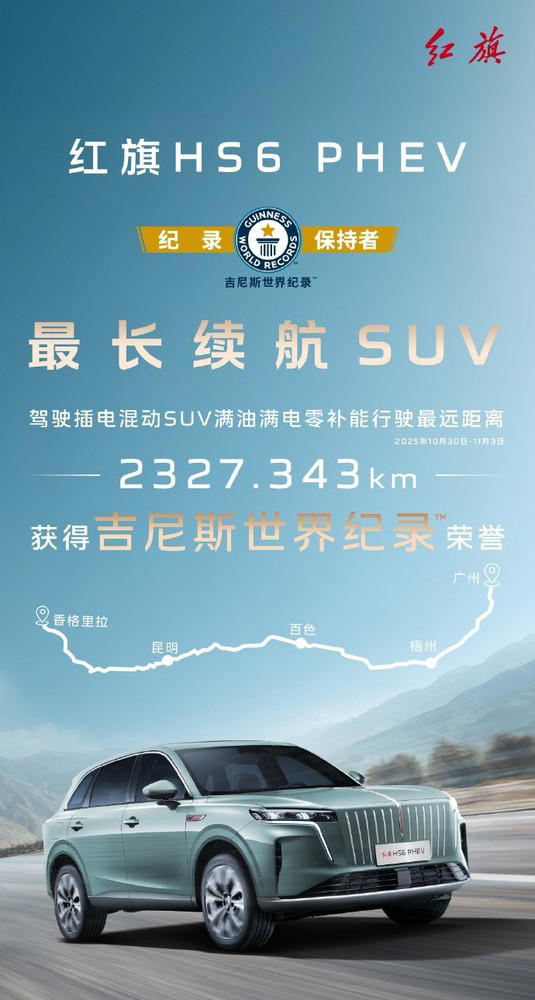红旗HS6 PHEV获吉尼斯记录 续航最高达2327.343km