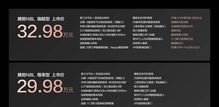 29.98万起标配易三方、云辇-A、天神之眼B，腾势N8L巩固“迪王”帝位