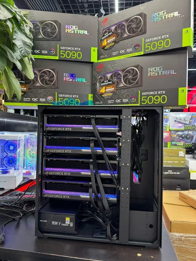 高玩 DIY 四路 RTX 5090 主机：机箱被显卡占满，总功耗超 2400W