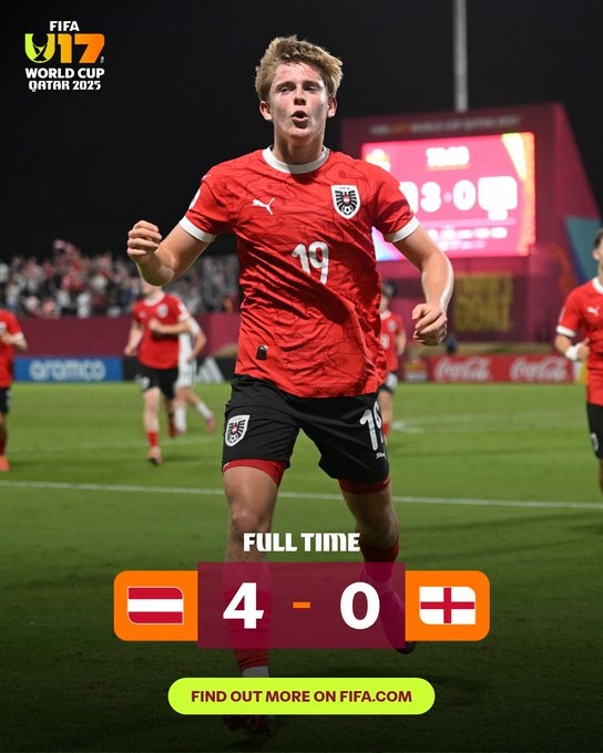 U17世界杯1/8决赛英格兰0-4惨败奥地利，后者1/4决赛对阵日本