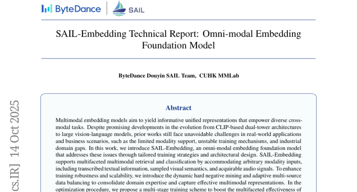 ByteDance抖音SAIL团队携手港中文发布全模态嵌入模型：SAIL-Embedding如何让机器真正"看懂"短视频世界