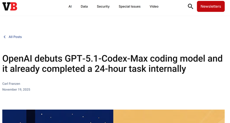 OpenAI 推出 GPT-5.1-Codex-Max 编程模型：可 “通宵” 处理任务，性能跑分超越谷歌
