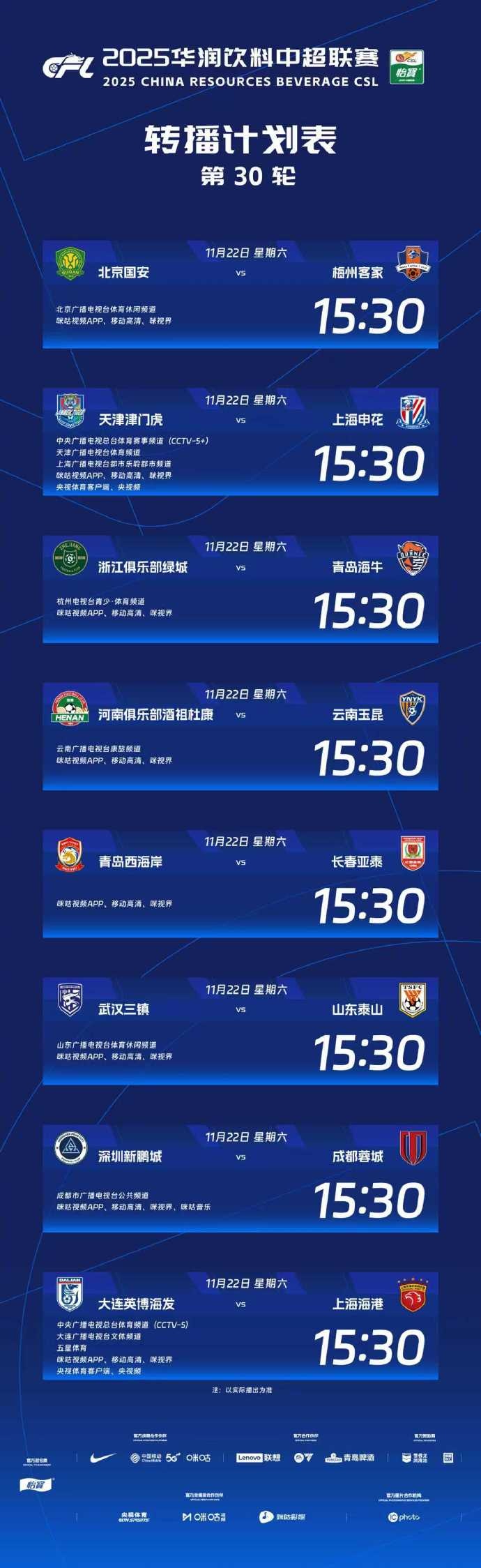 中超收官战转播计划：CCTV5播英博vs海港，CCTV5+播津门虎vs申花