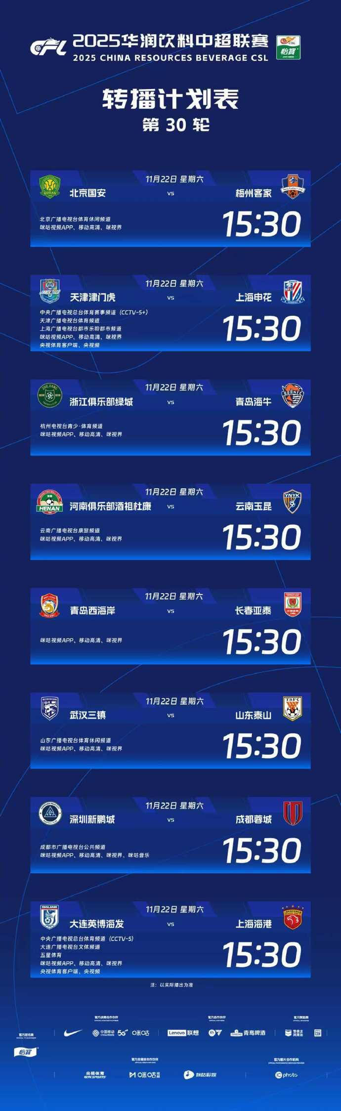 中超收官战转播计划：CCTV5播英博vs海港，CCTV5+播津门虎vs申花