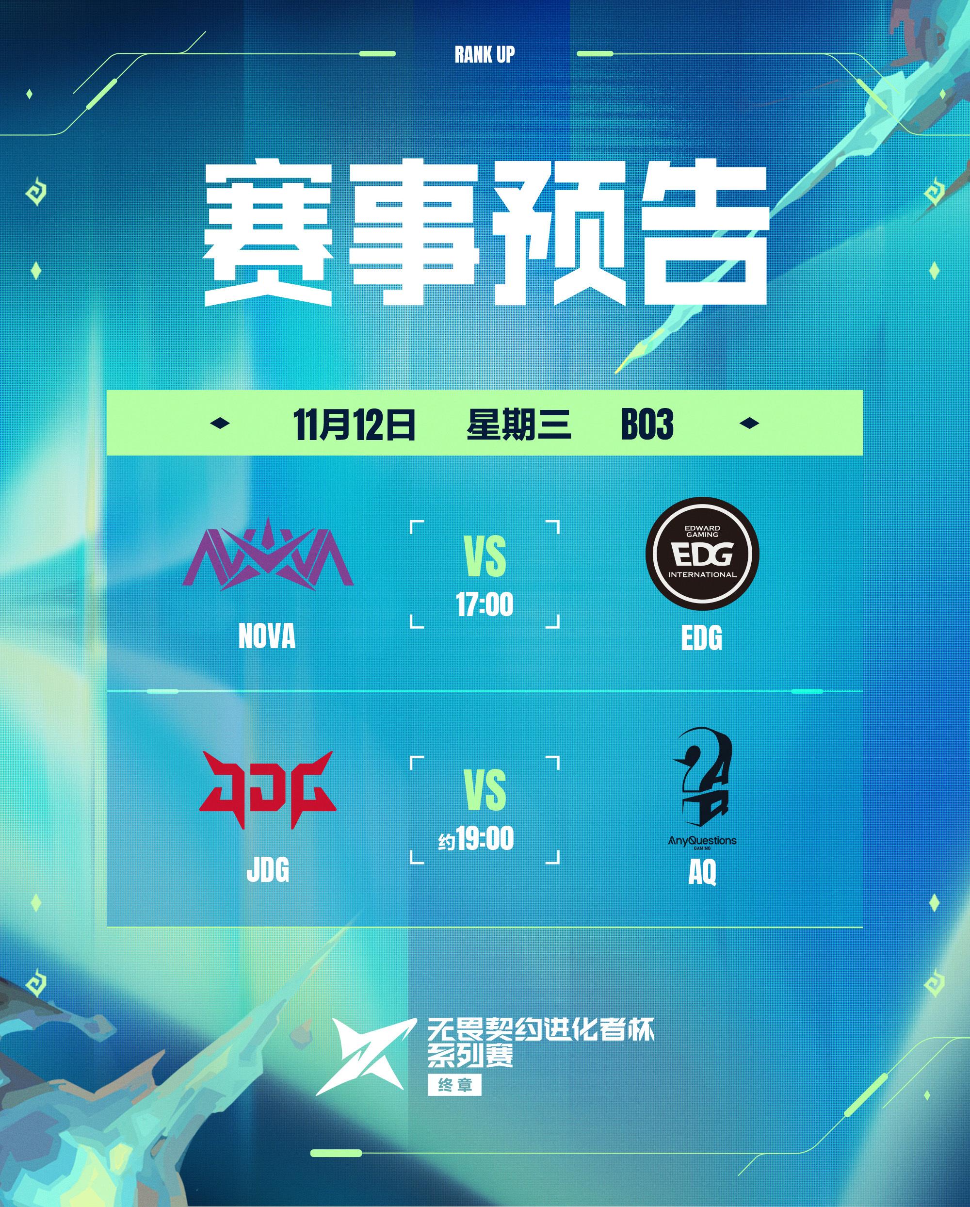 进化者杯系列赛终章今日预告：NOVA vs EDG；JDG vs AQ