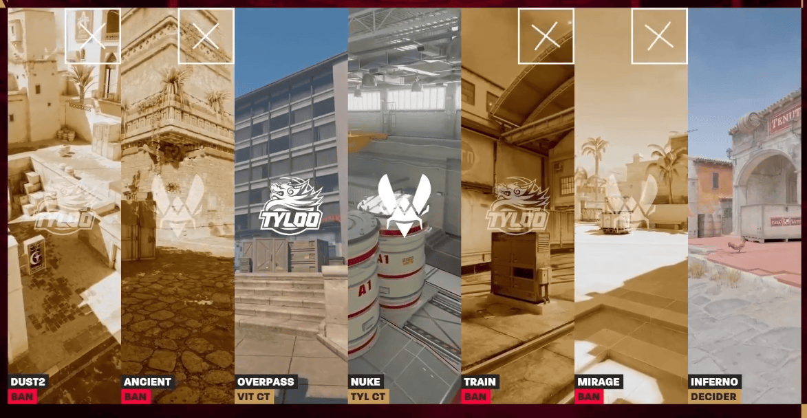 BLAST香港TYLOO对阵Vitality选图：Overpass Nuke Inferno