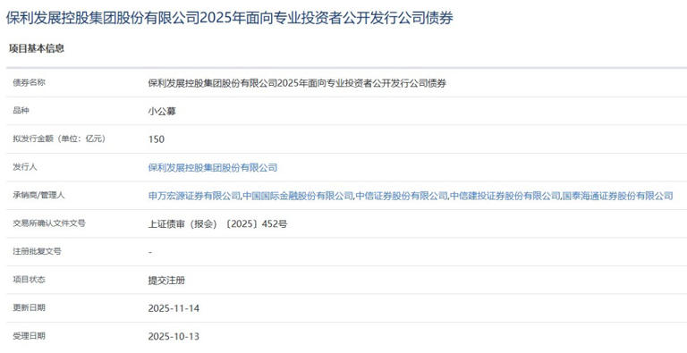上交所：保利发展(600048.SH)150亿元小公募项目项目状态更新至“提交注册”