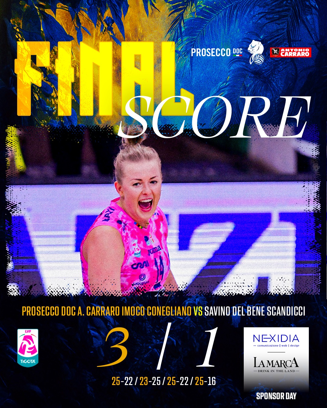 3-1！意甲女排卫冕冠军 豪取11连胜 二传当选MVP 加比14分