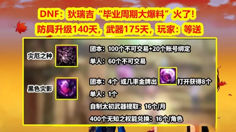 DNF：狄瑞吉“毕业周期大爆料”火了！防具升级140天，武器175天，玩家：等送
