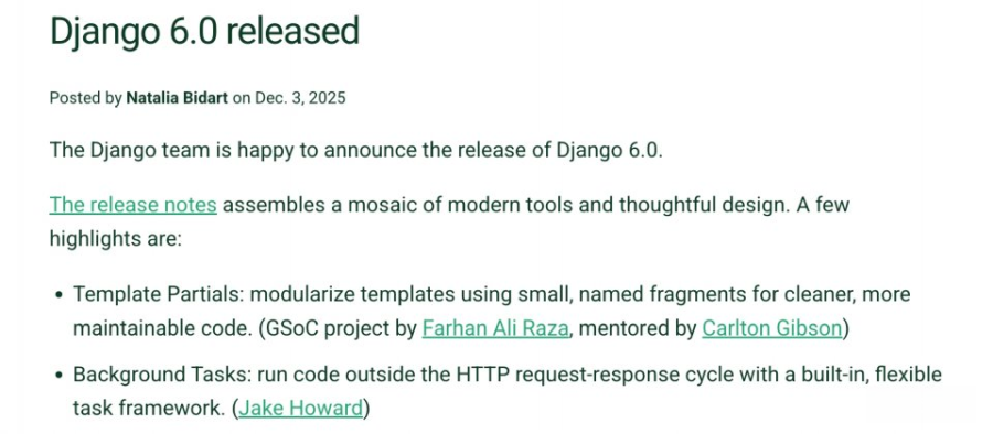 Web开发框架Django 6.0导入背景工作框架与CSP，并缩减Python版本支持