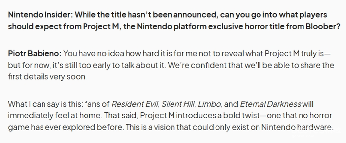 Bloober Team谈任天堂独占恐怖游戏《Project M》：有大胆的创新