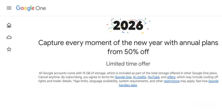 Google One 2026限时优惠2TB与AI Pro年度套餐半价