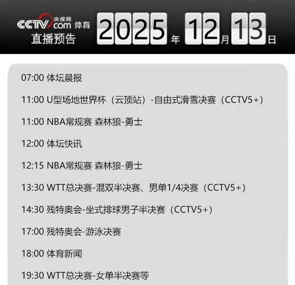13号CCTV5乒乓球转播计划调整!NBA取代莎头组合 CBA让位孙颖莎