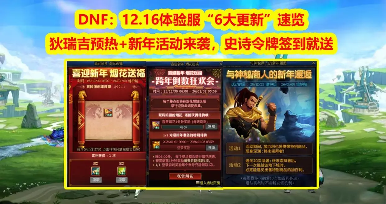 DNF：12.16体验服“6大更新”速览! 狄瑞吉预热+新年活动来袭，史诗令牌签到就送
