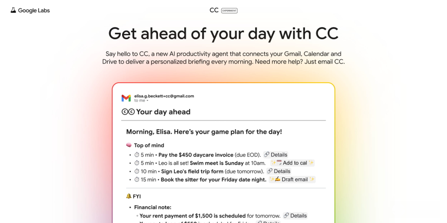 Google Labs推出实验性AI助手“CC”，每日为你生成“今日概览”