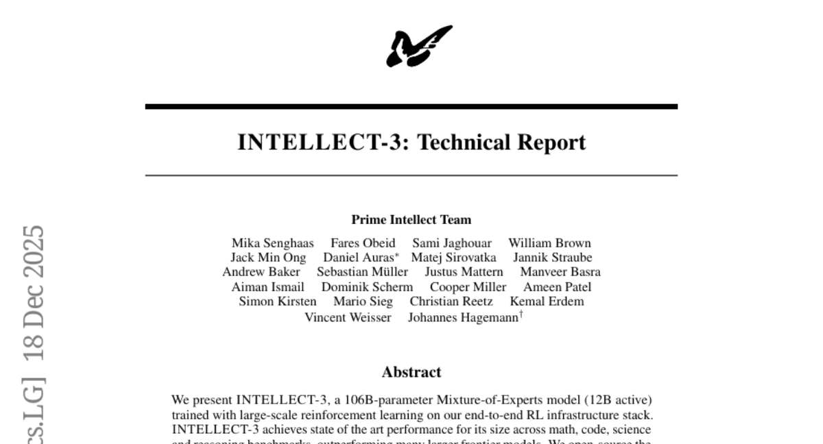 Prime Intellect团队发布开源训练全栈：INTELLECT-3模型超越多数大型前沿模型