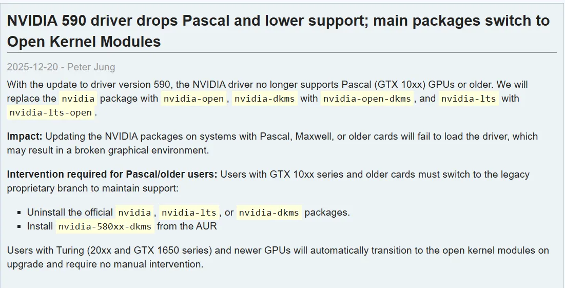 Arch Linux 系统停止支持英伟达 GTX 10 系列显卡