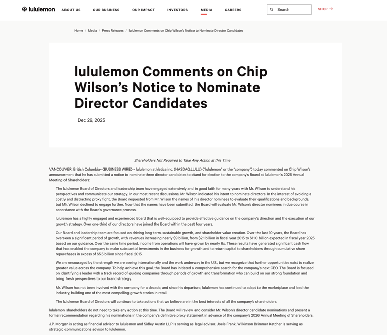 Lululemon转型困局，创始人威尔逊向董事会发起“逼宫”