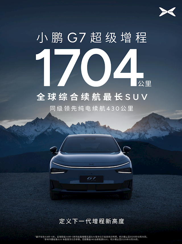 续航最长的SUV来了! 小鹏G7增程版今日将正式发布：续航可达1704公里