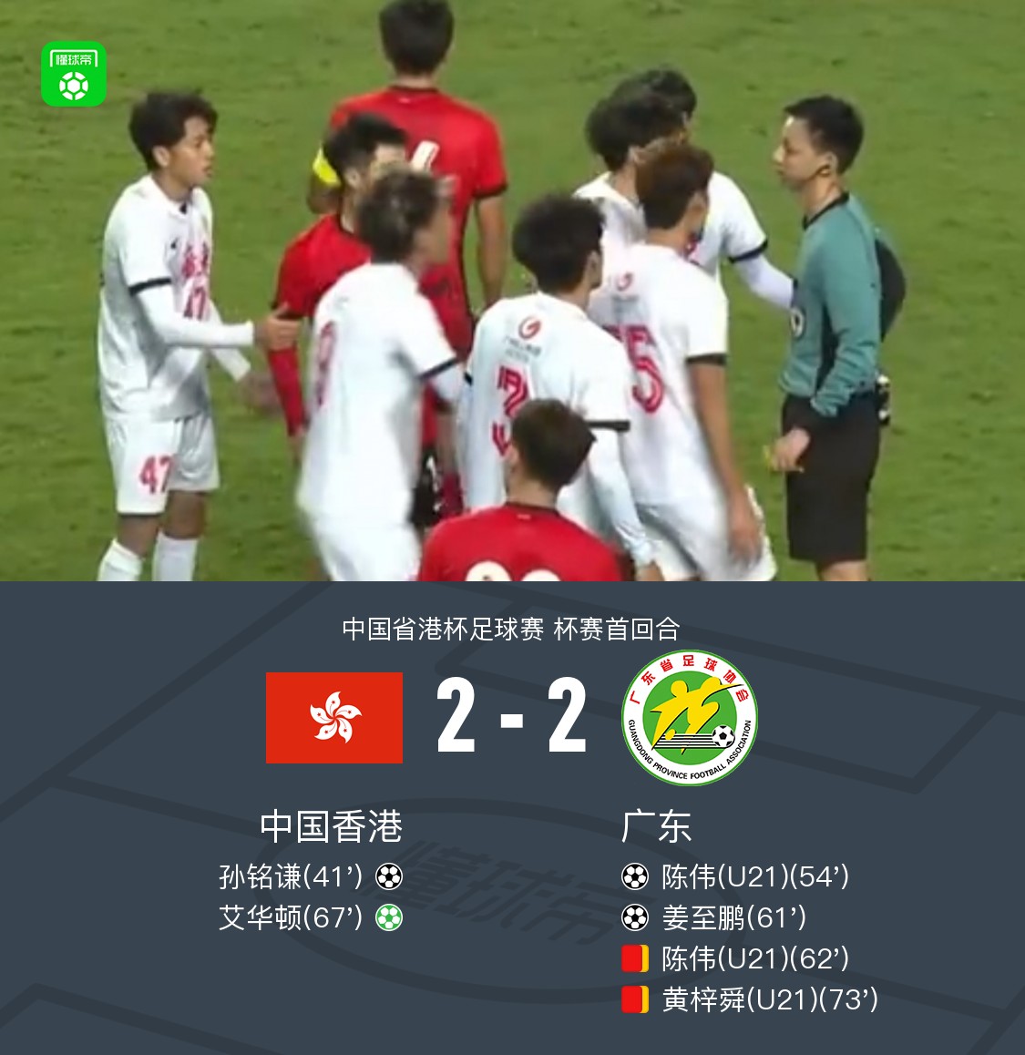 省港杯首回合中国香港2-2九人广东，姜至鹏破门，孙铭谦世界波