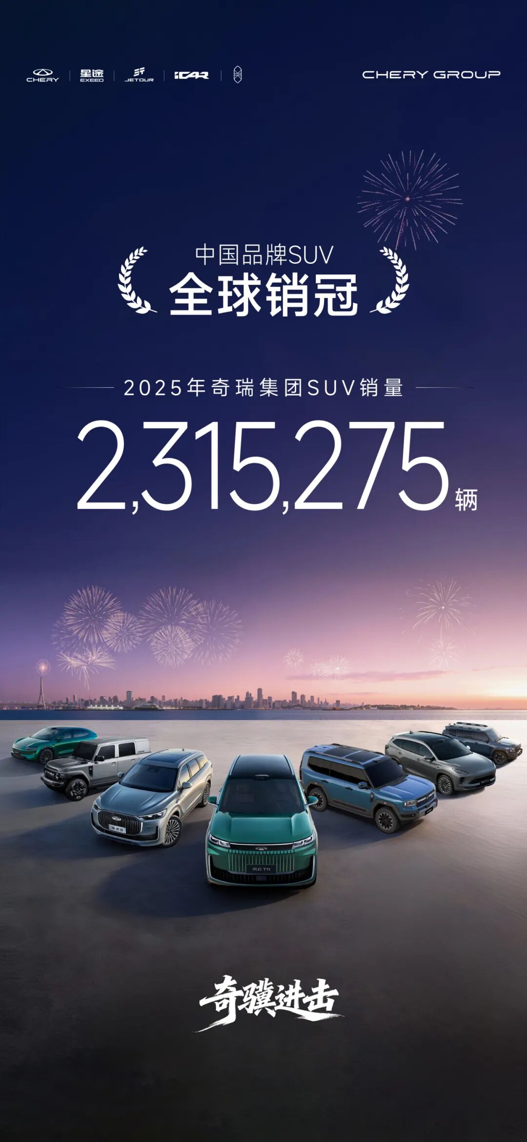 奇瑞集团再登顶峰 斩获中国品牌SUV全球销量第一