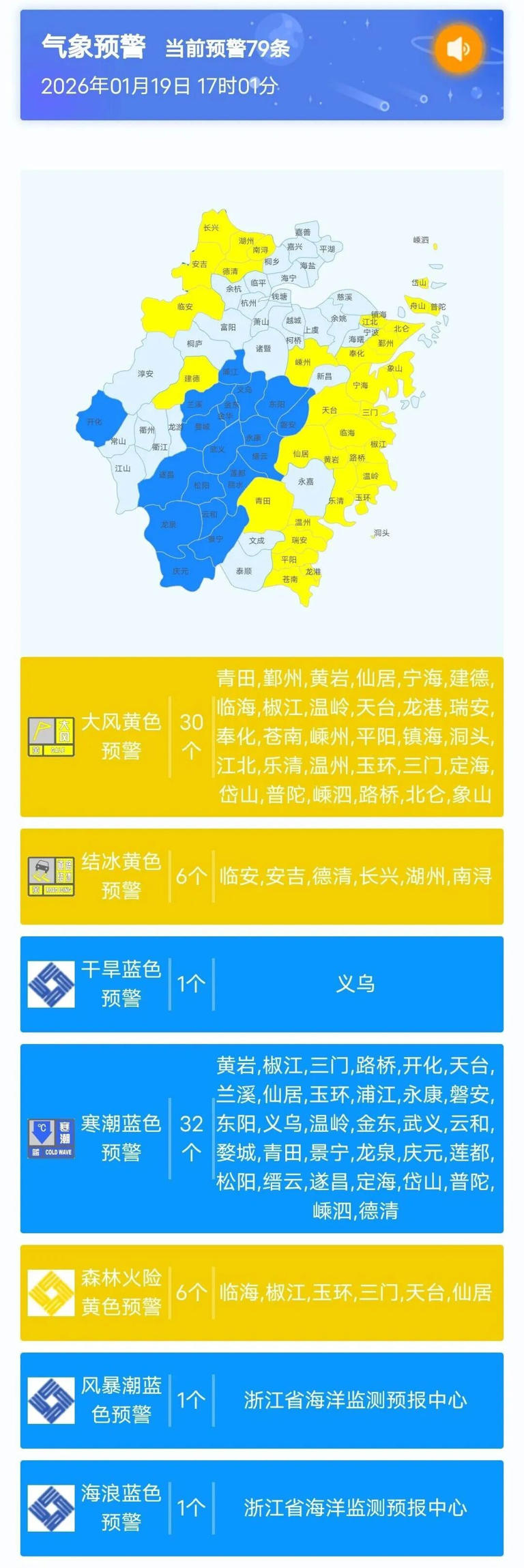 79条预警!浙江发布寒潮警报