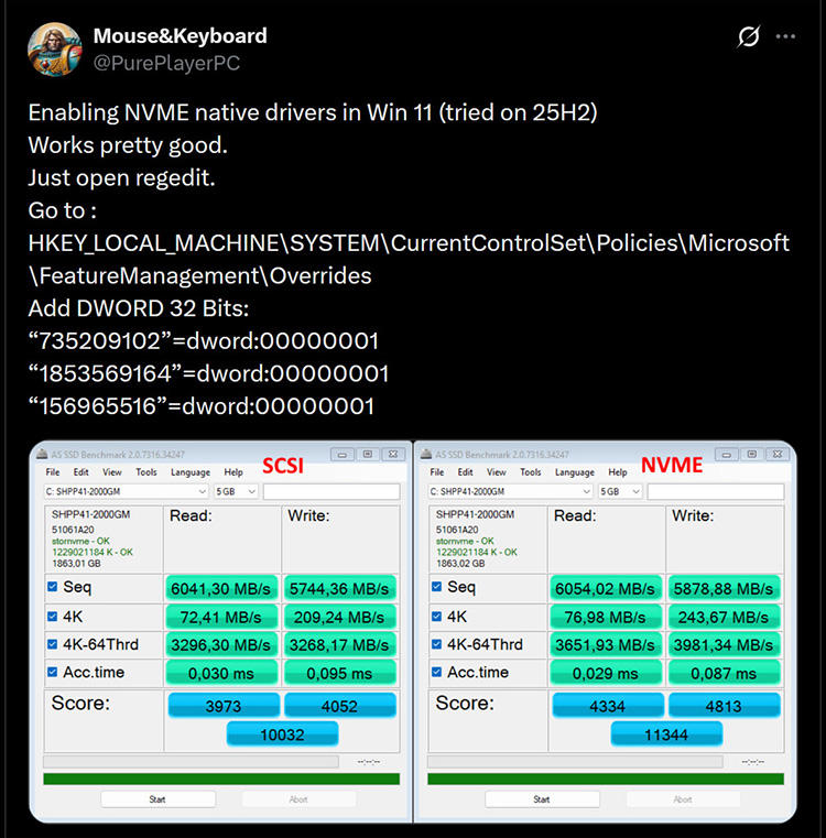 原生NVMe驱动让Win11 SSD性能暴涨80%!但现已经被微软再次封印