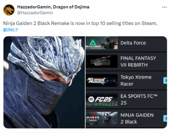 《忍龙2RE》跻身Steam畅销榜前十 忍者组官方致谢
