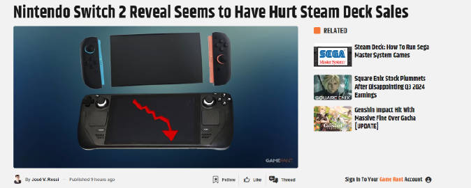 报道称Switch2公布或影响Steam Deck销量