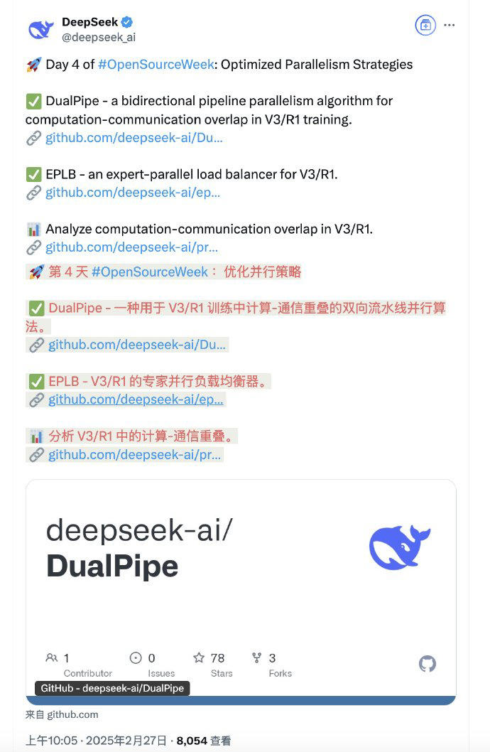 DeepSeek宣布开源Optimized Parallelism Strategies