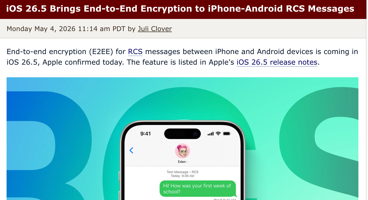 苹果iOS 26.5将支持iPhone与安卓设备间RCS消息端到端加密