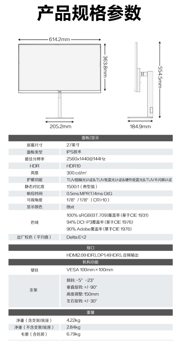 AOC“Q27V6L/WW”27 英寸显示器发售：2K 144Hz，999 元