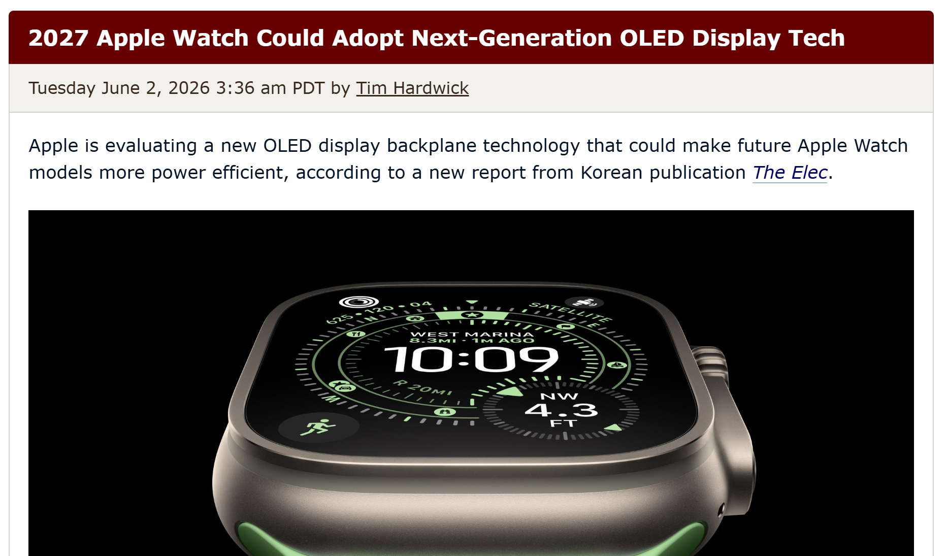 苹果试水新一代 OLED 背板，Watch 续航有望升级