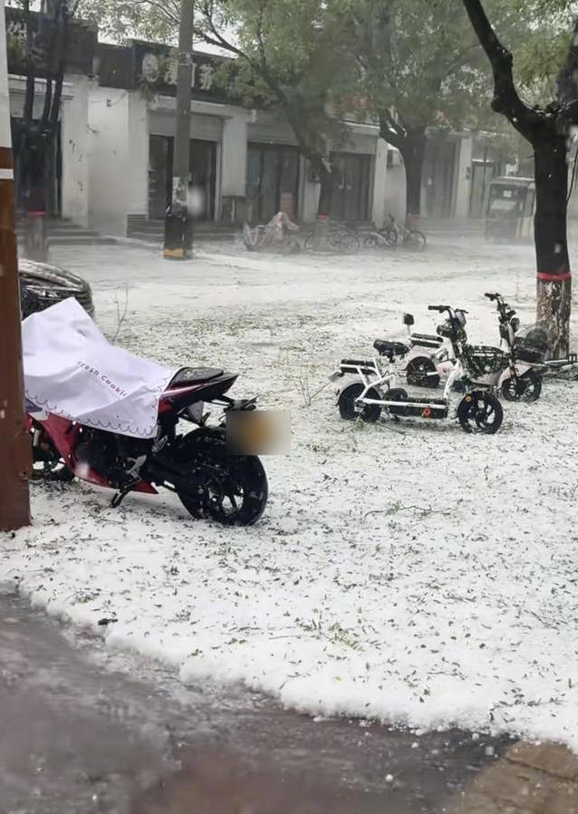 河北固安午后突降大冰雹持续近半小时街道竟如雪覆盖
