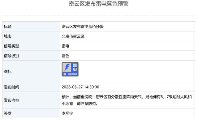 5月27日13:25，延庆区发布雷电蓝色预警