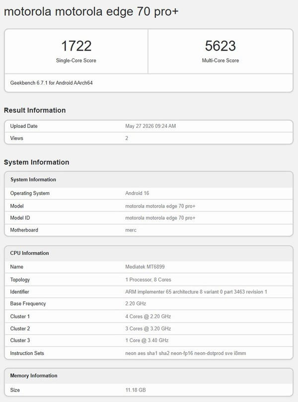 摩托罗拉Edge 70 Pro+亮相Geekbench 搭载天玑8500