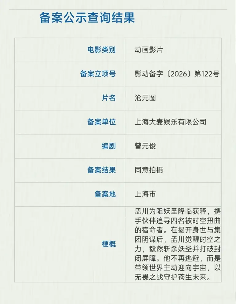 动画电影《沧元图》《上古神话：水火之战》立项制作