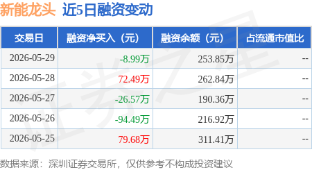 新能龙头：5月29日融资买入31.36万元，融资融券余额253.85万元