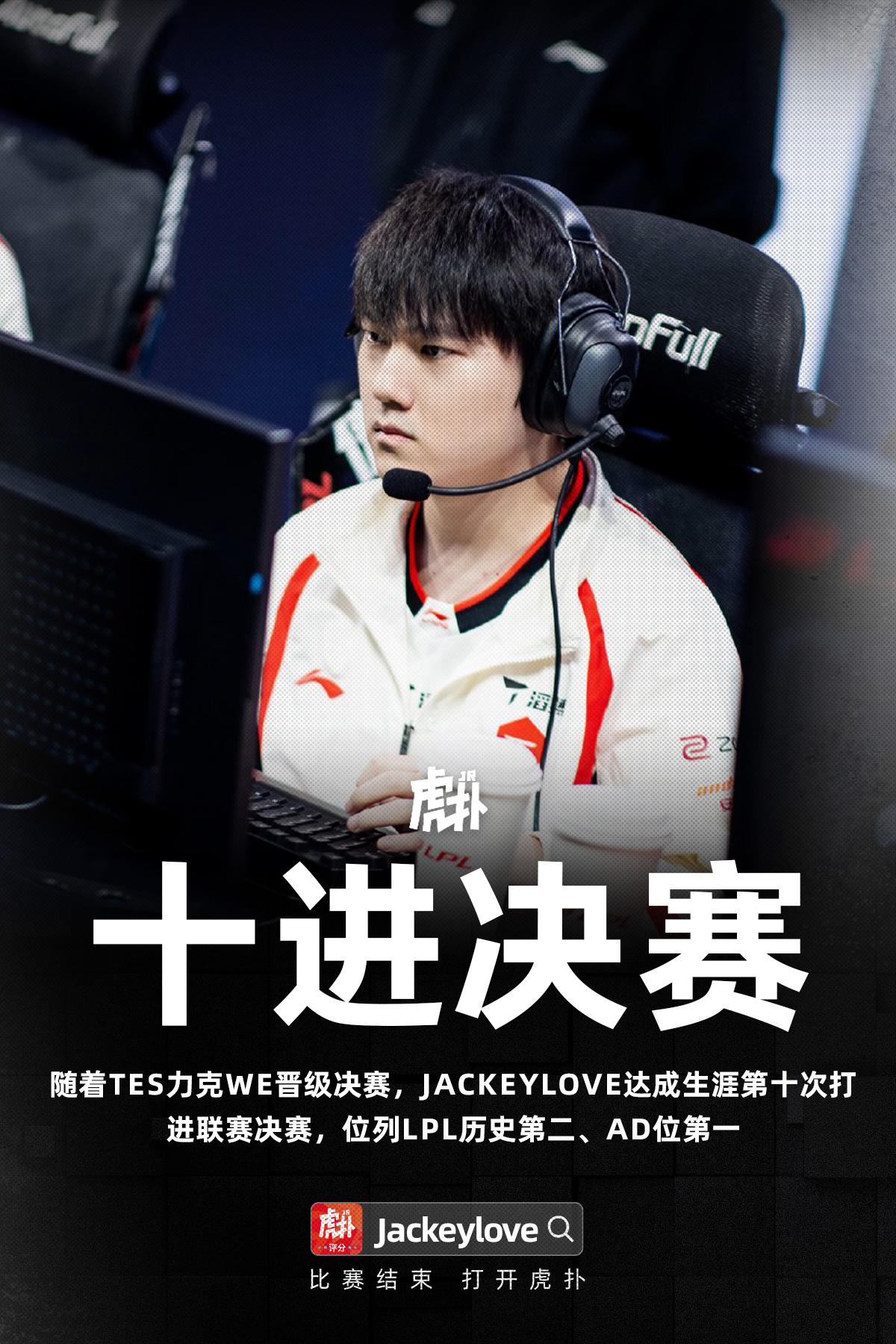 JackeyLove生涯第10次打进联赛决赛，位列LPL历史第二