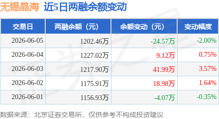 无锡晶海：6月5日融资买入33.84万元，融资融券余额1202.46万元