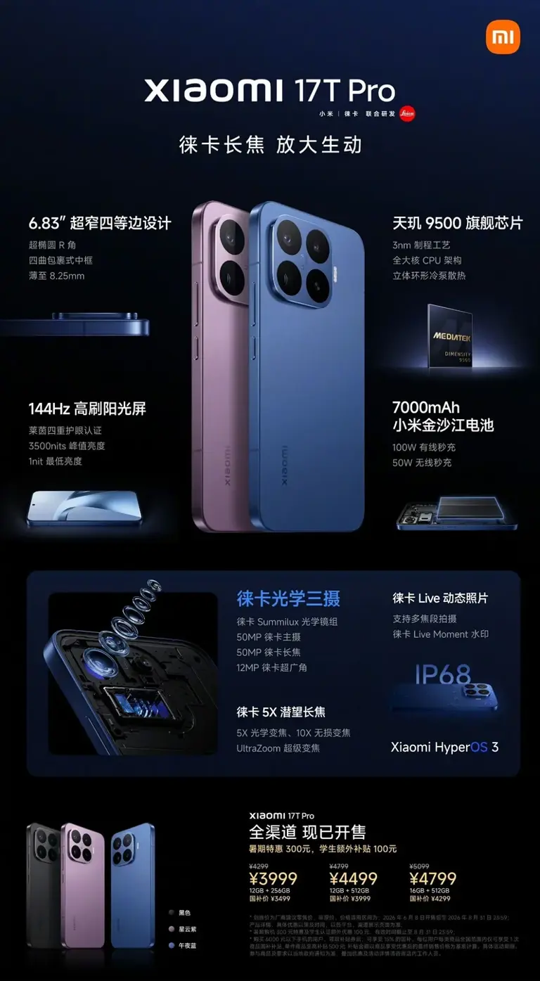 小米17T系列正式发布：3299元起，首销2999元起