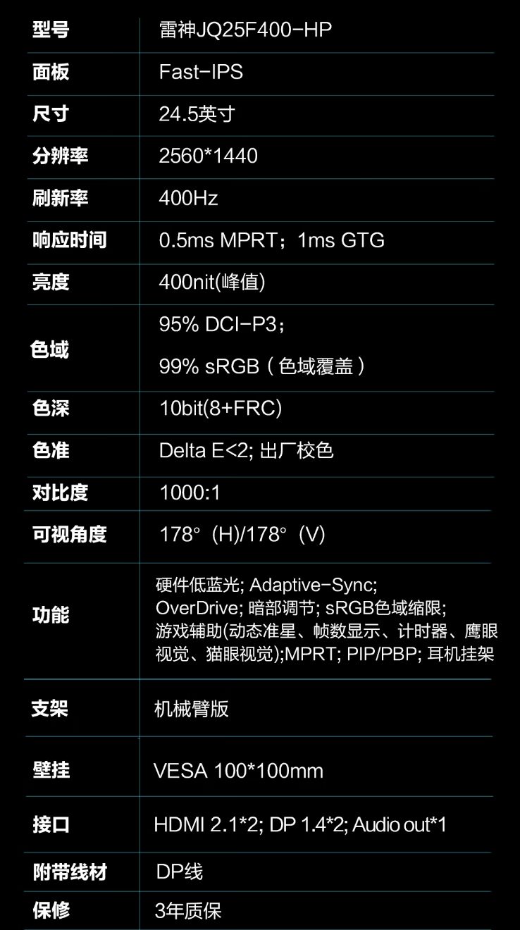 雷神“JQ25F400-HP”24.5 英寸显示器发售：2K 400Hz，2104 元