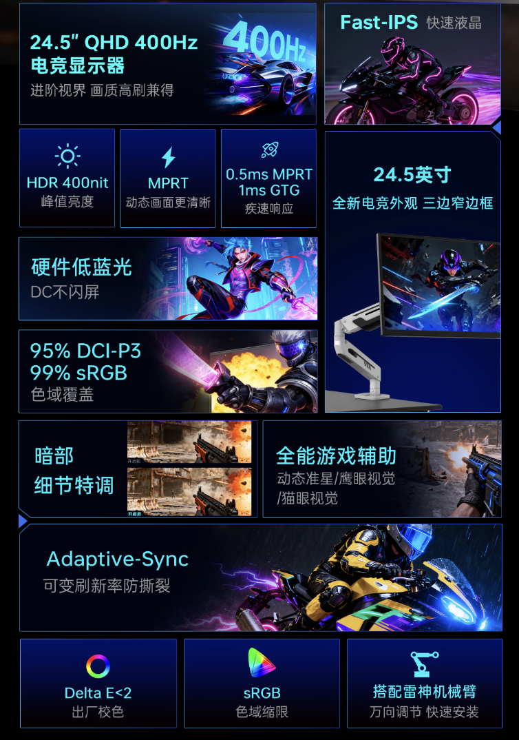雷神“JQ25F400-HP”24.5 英寸显示器发售：2K 400Hz，2104 元