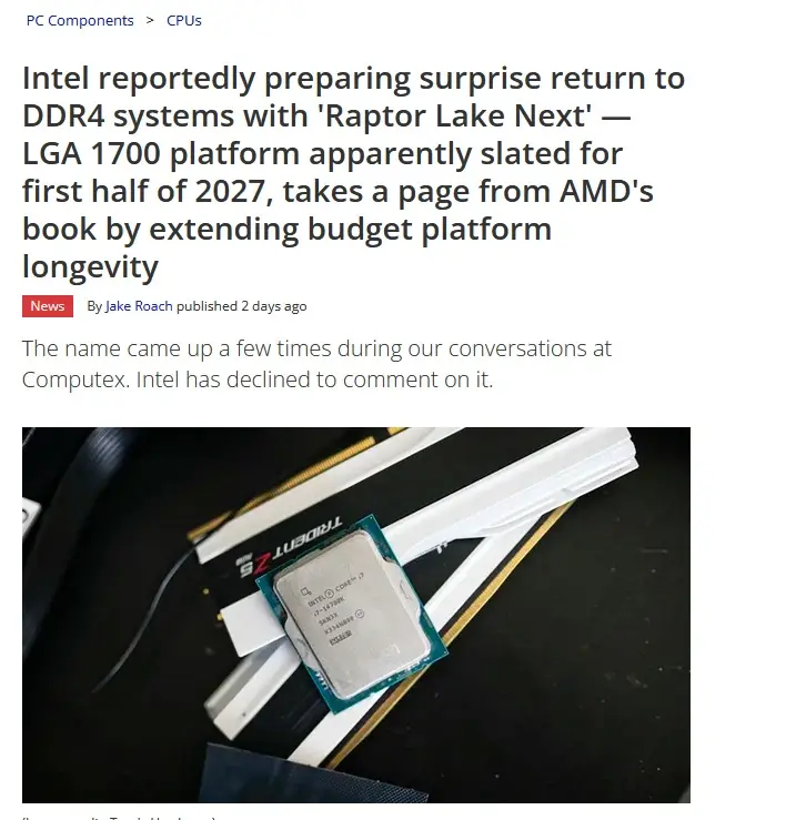 Intel再战DDR4! Raptor Lake Next明年见，纯大核+老平台
