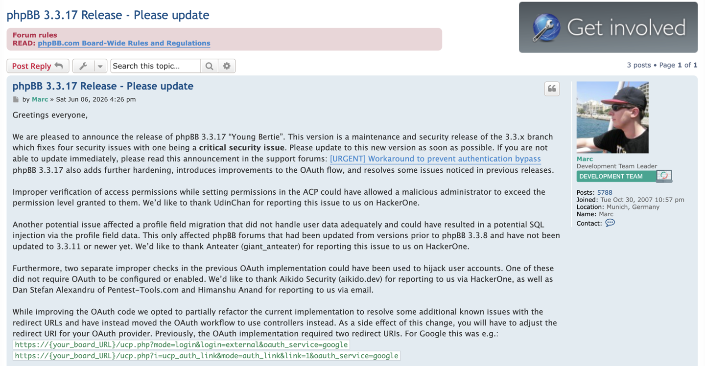 开源论坛软件 phpBB 曝身份认证绕过漏洞，3.3.17 版本修复