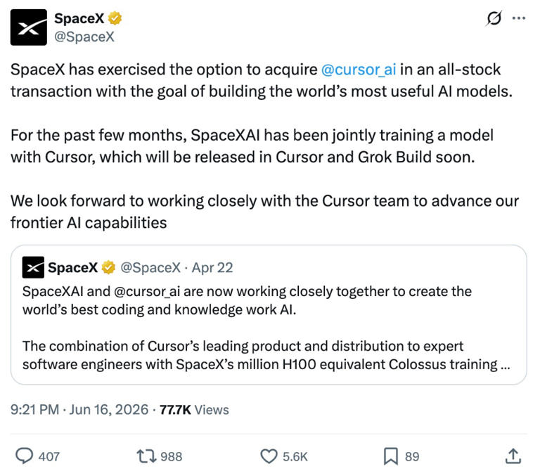 刚刚，马斯克拿下Cursor，SpaceX大涨17%!