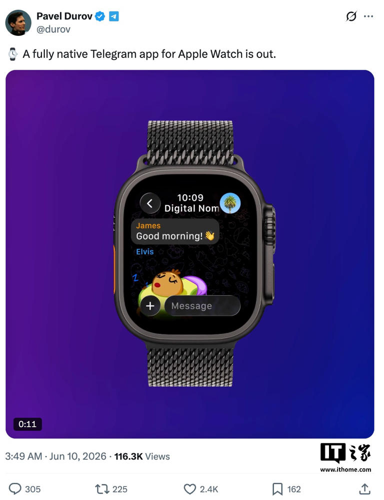 Telegram 重返苹果 watchOS 平台，上线原生 Apple Watch 应用